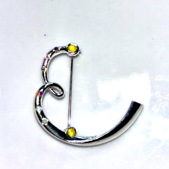Jewelry | Silvertone Swirly Letter E Brooch With 2 Yellow Stones ...
